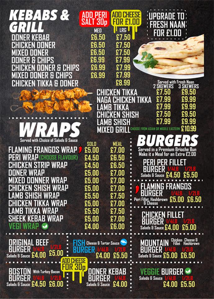 Menu at Flaming Frangos pizzeria, Barry