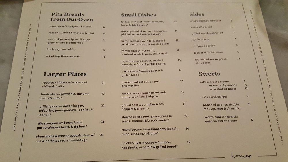 Menu at Homer restaurant, Seattle