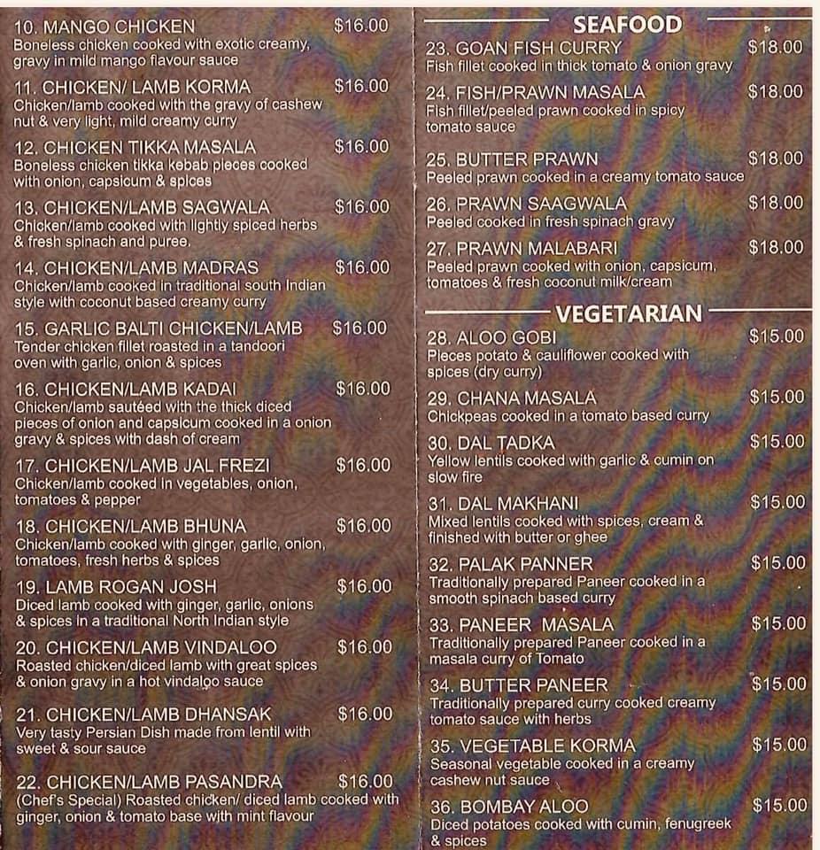 Menu at Indian And Nepalese Kitchen restaurant, Oamaru