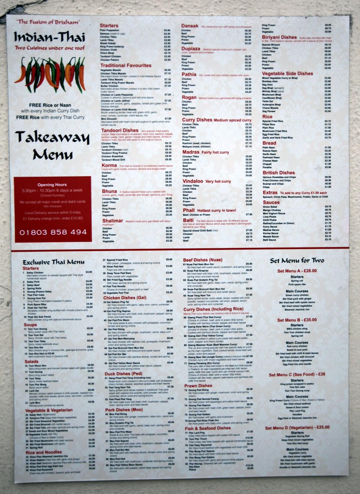 Menu at Indian-Thai restaurant, Brixham