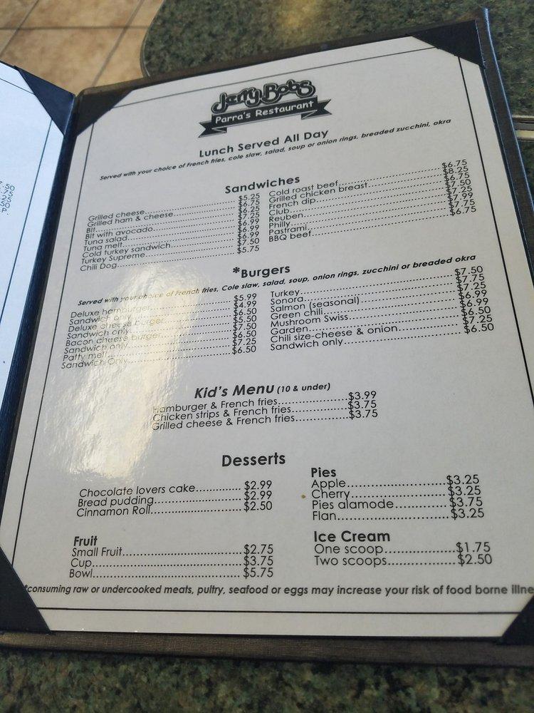 Menu at Jerry Bob's Restaurant, Tucson, E Valencia Rd