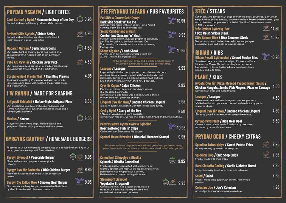 Carta del pub y bar The Australia, Porthmadog