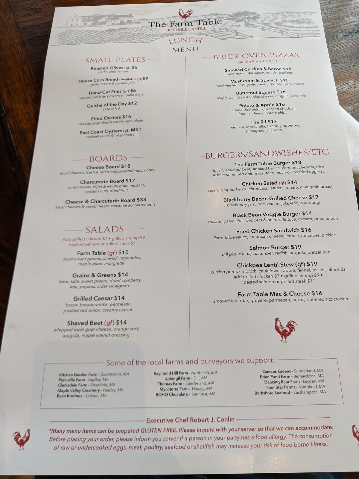 Menu at The Farm Table restaurant, Bernardston