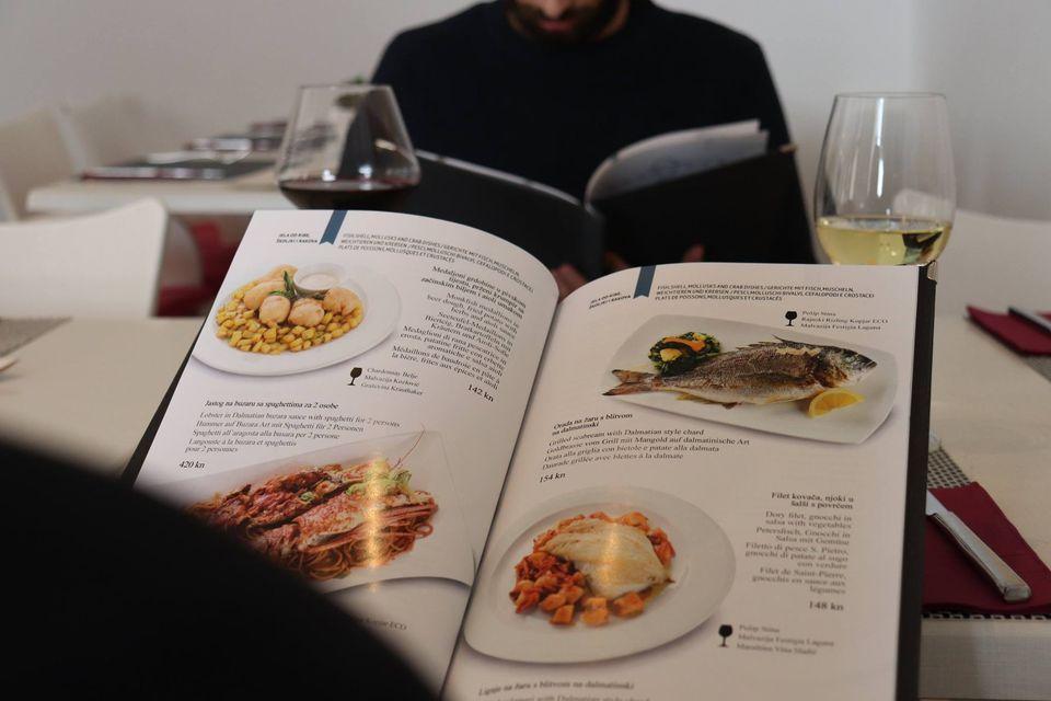 Menu at Tramonto restaurant, Zadar