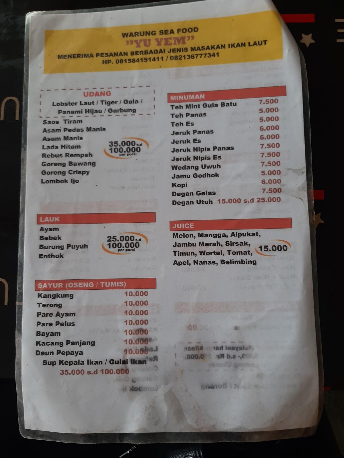 Menu at Warung Seafood Yu Yem restaurant, Jatimalang