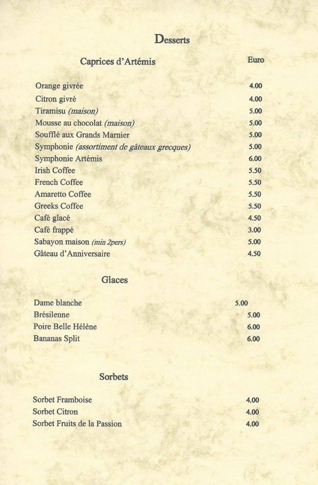 Menu au Artemis, Fleurus