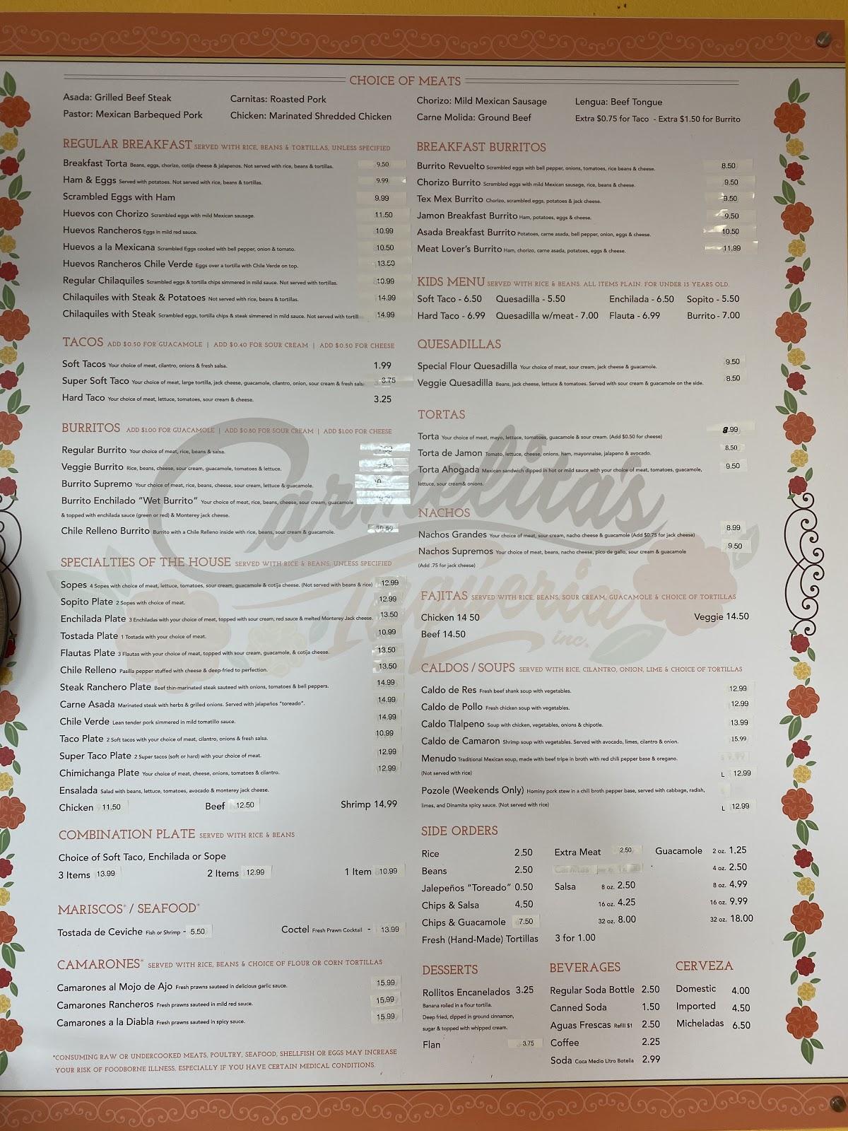 Menu at Carmelita's Taqueria, Inc. restaurant, Union City