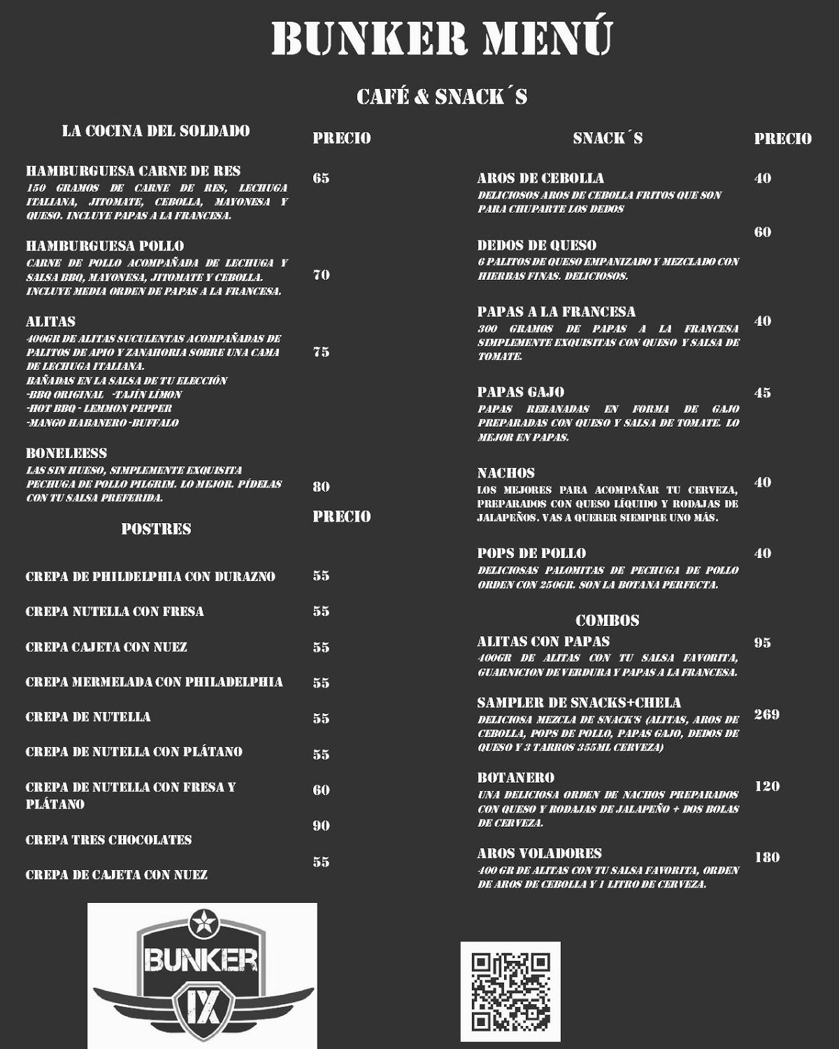 Menu at EL BUNKER IX cafeteria, Mexico