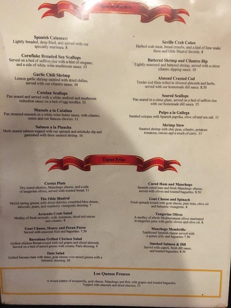 Menu at Olde Madrid restaurant, Racine