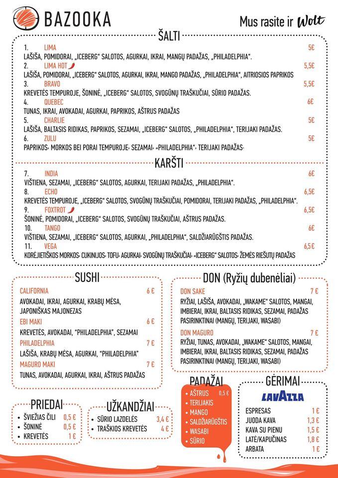 Menu at BAZOOKA Sushi Burrito restaurant, Kaunas, Kęstučio g. 16