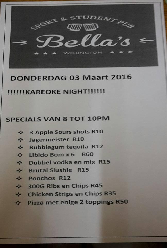 Menu at Bella's Sport And Student Pub, Wellington