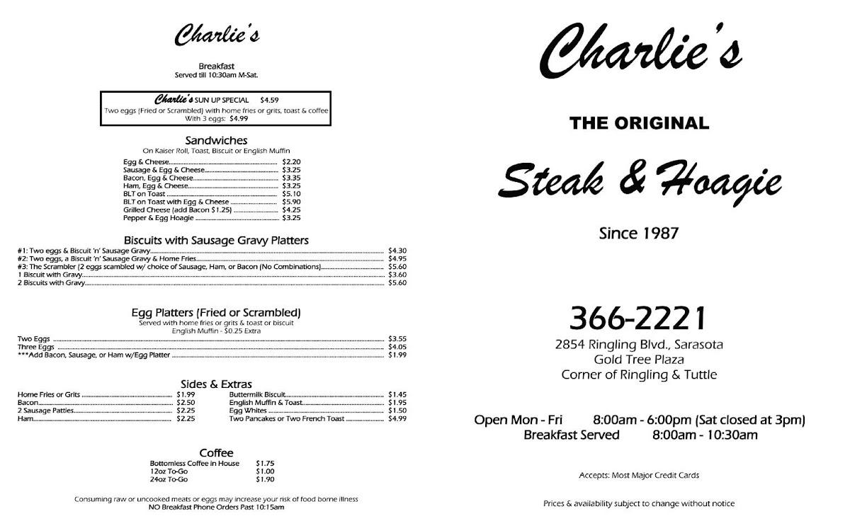 Menu at Charlie's Steak & Hoagie restaurant, Sarasota