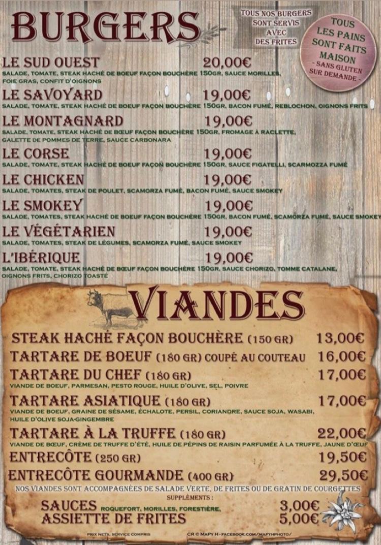 Menu at Chez Francis restaurant, Orcières