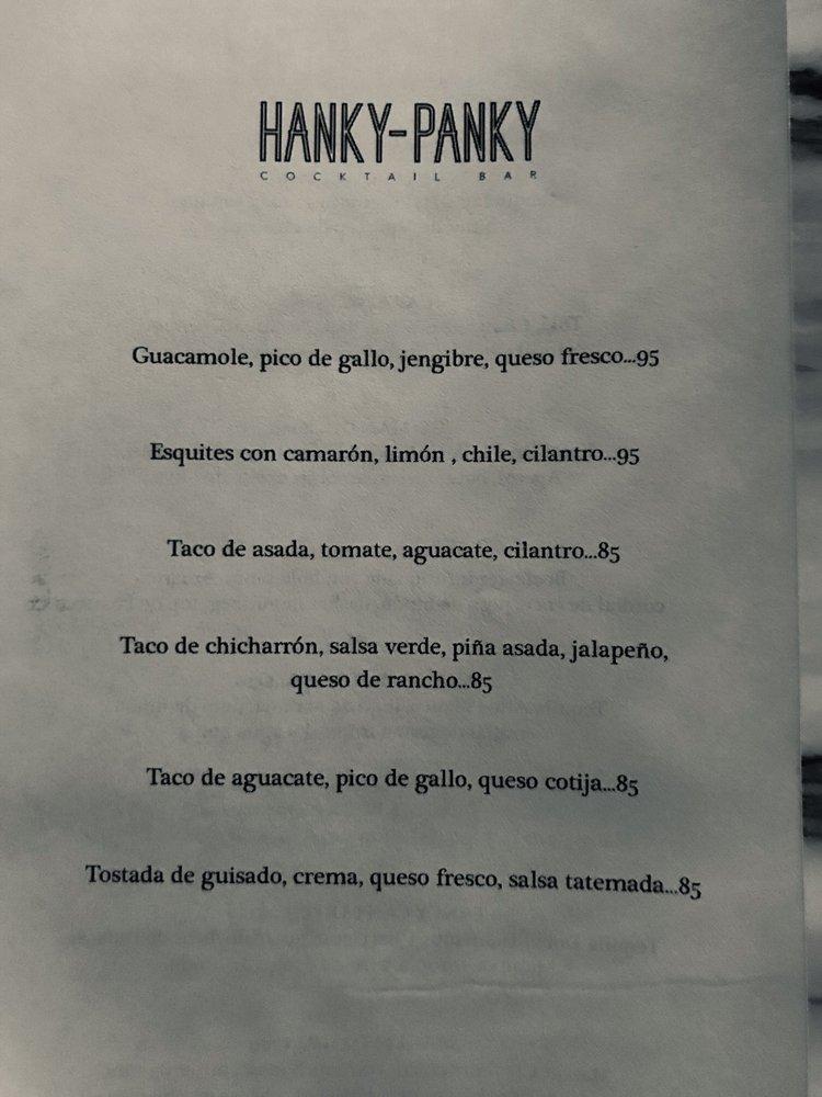 Menu at Hanky Panky Cocktail Bar, Mexico City