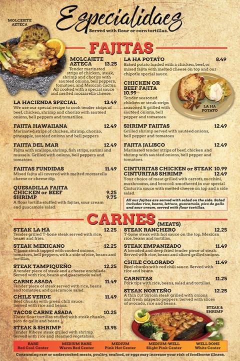 Menu at La Hacienda Mexican Restaurant, Florence