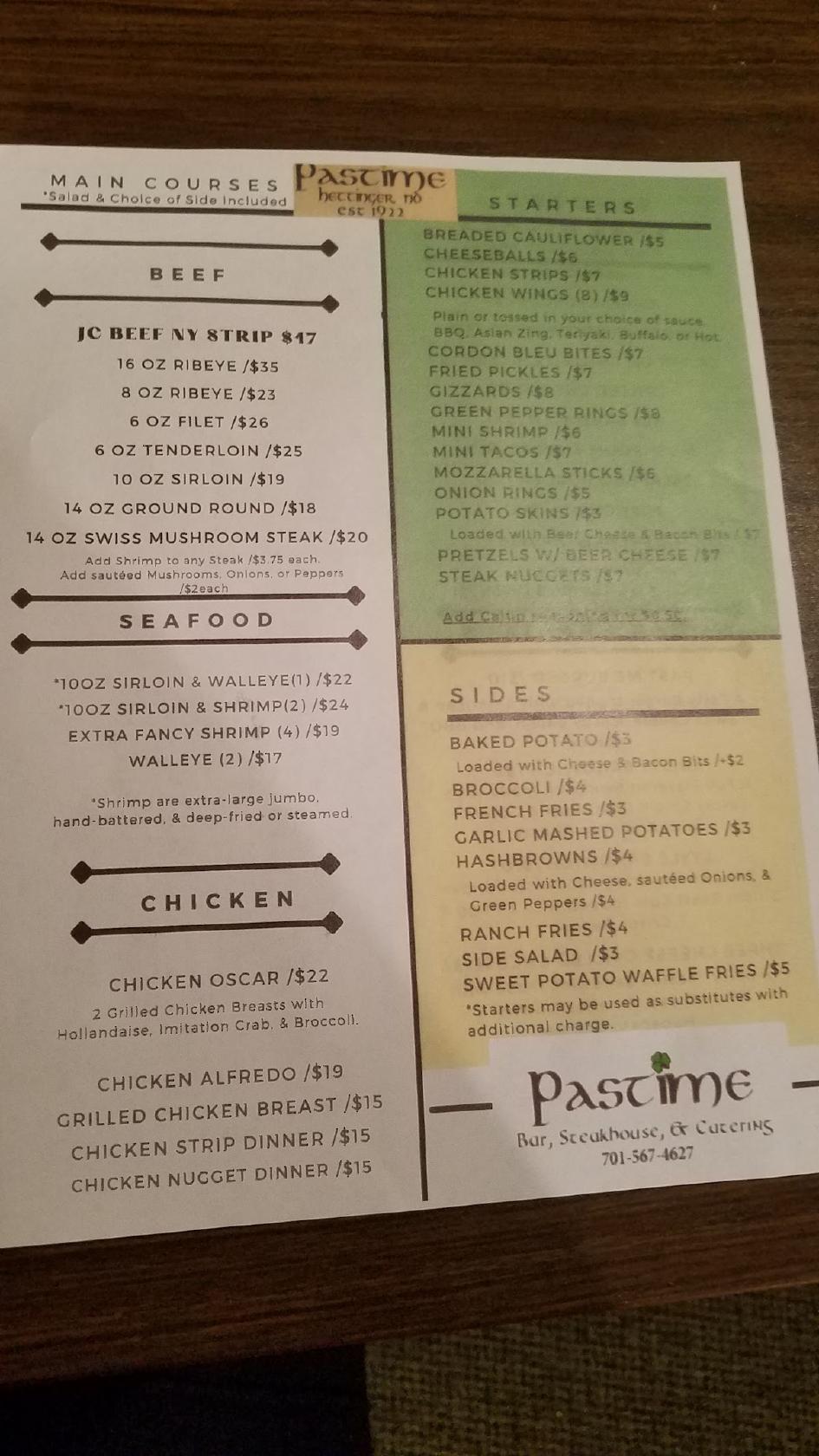 Menu at Pastime Bar & Steakhouse, Hettinger