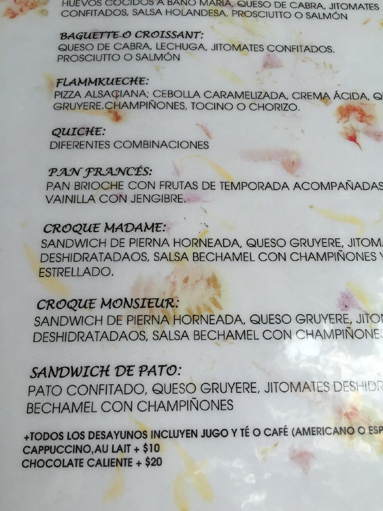 Carta del postres Patisserie Dominique, Ciudad del México