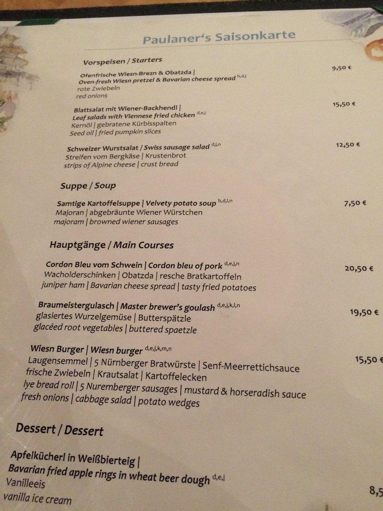 Menu at Paulaner's Wirtshaus & Biergarten pub & bar, Munich