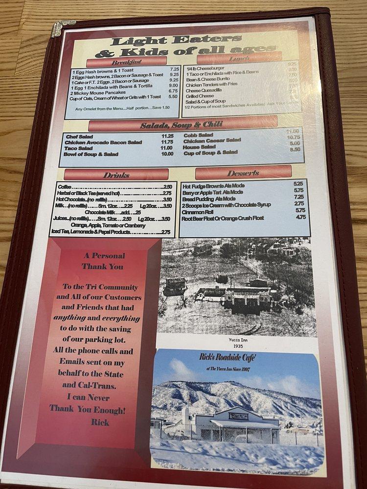 Menu at Rick's Roadside Cafe, Pinon Hills, CA-138