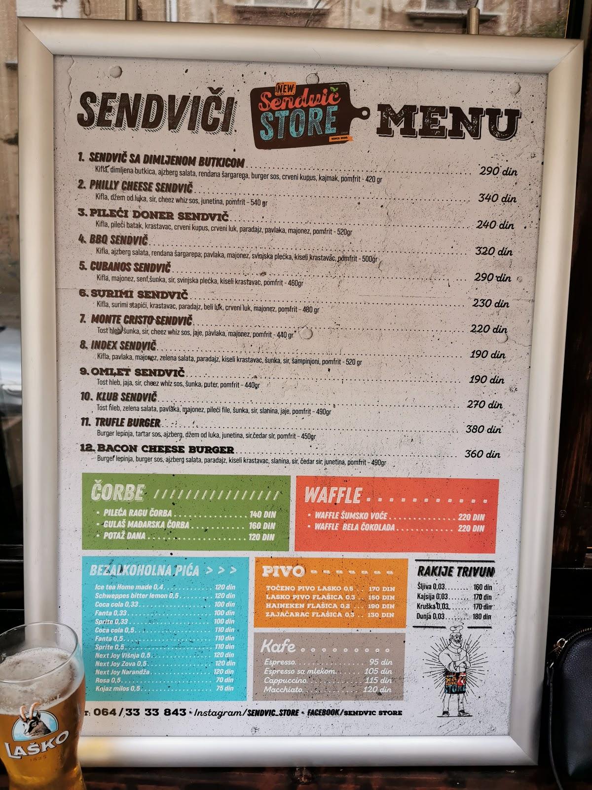 Menu at Sendvič store restaurant, Belgrade