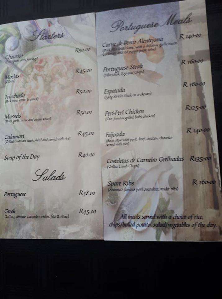 Menu at Shanna's Portuguese Restaurant, Port Elizabeth