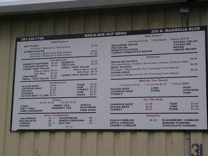Menu at BBQ Hut, Magnolia