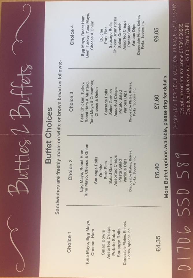 Menu at Butties 2 Buffets, Haslingden