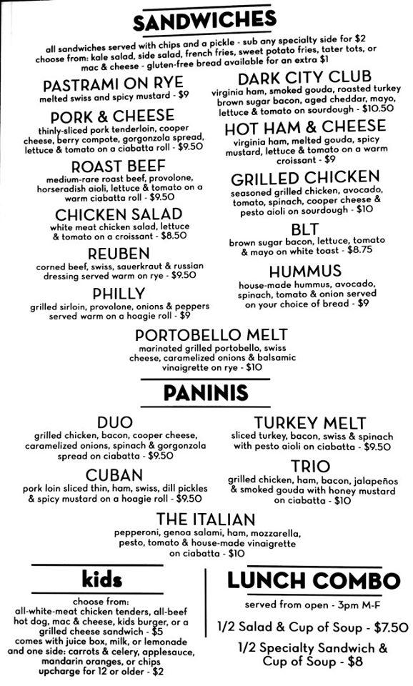 Menu at Dark City Deli, Black Mountain