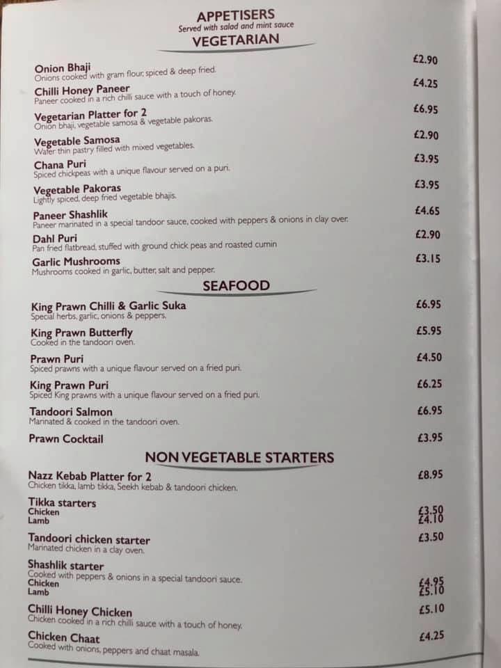 Menu at Nazz Spice of Middleton restaurant, Caldecott