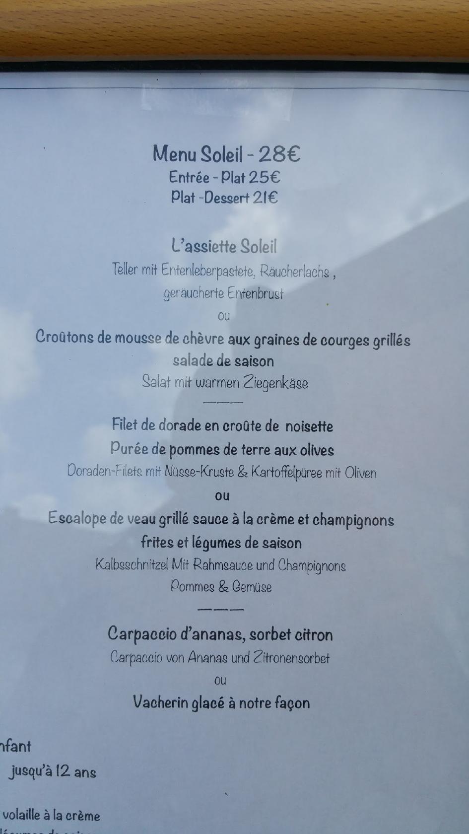 Menu au Restaurant Au Soleil, Soultz-sous-Forêts