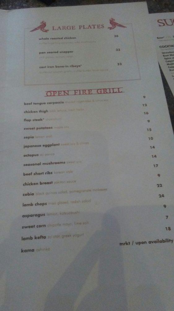 Menu at Sugarcane restaurant, Miami