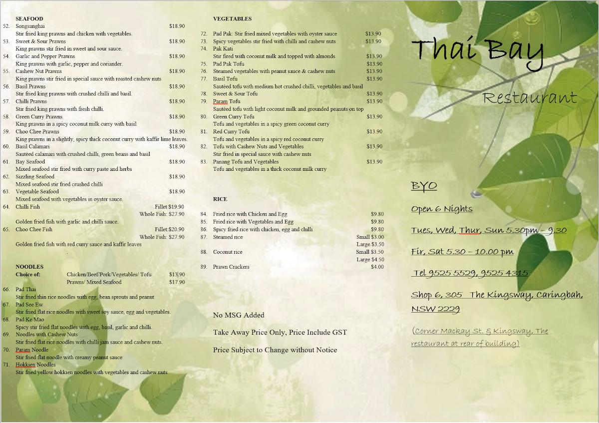 Menu at Thai Bay restaurant, Caringbah