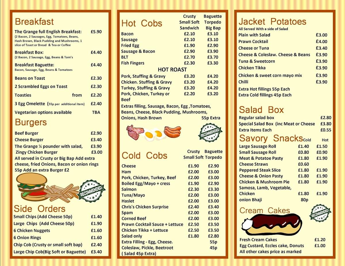 Menu at The Grange Bakery & Deli, Leicester