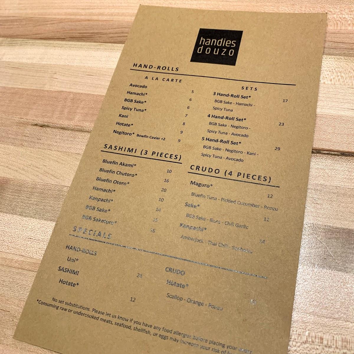 Menu at Handies Douzo restaurant, Houston, White Oak Dr