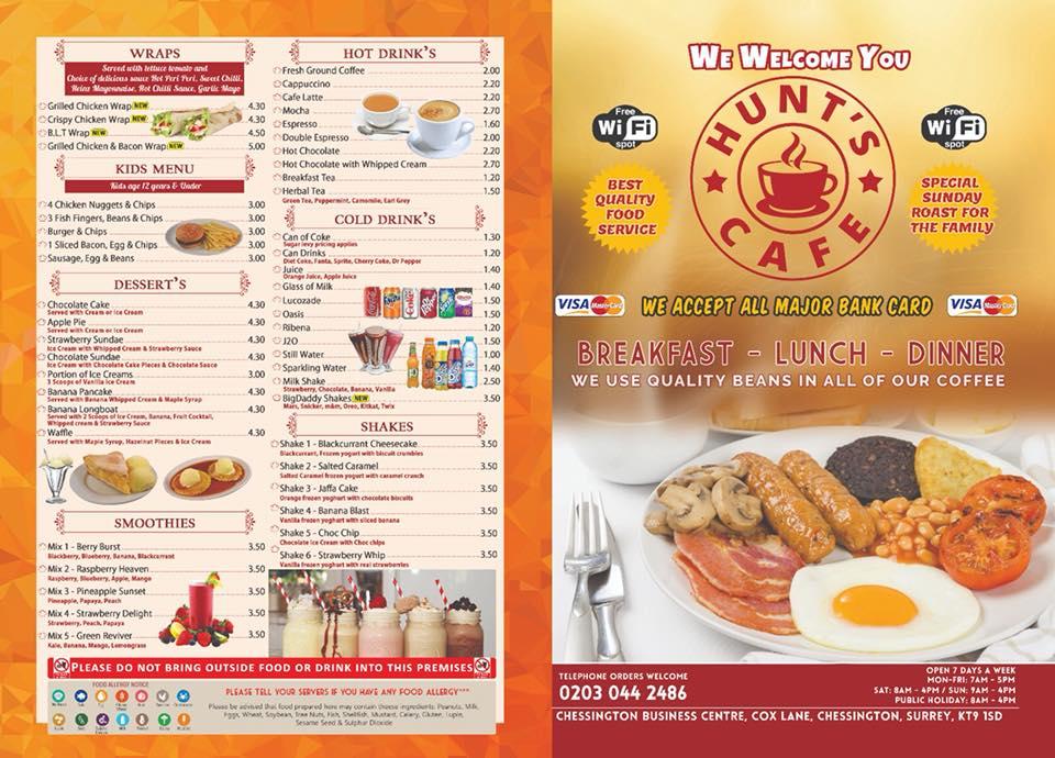 Menu at Hunt's Cafe, Chessington, chessington Business Centre