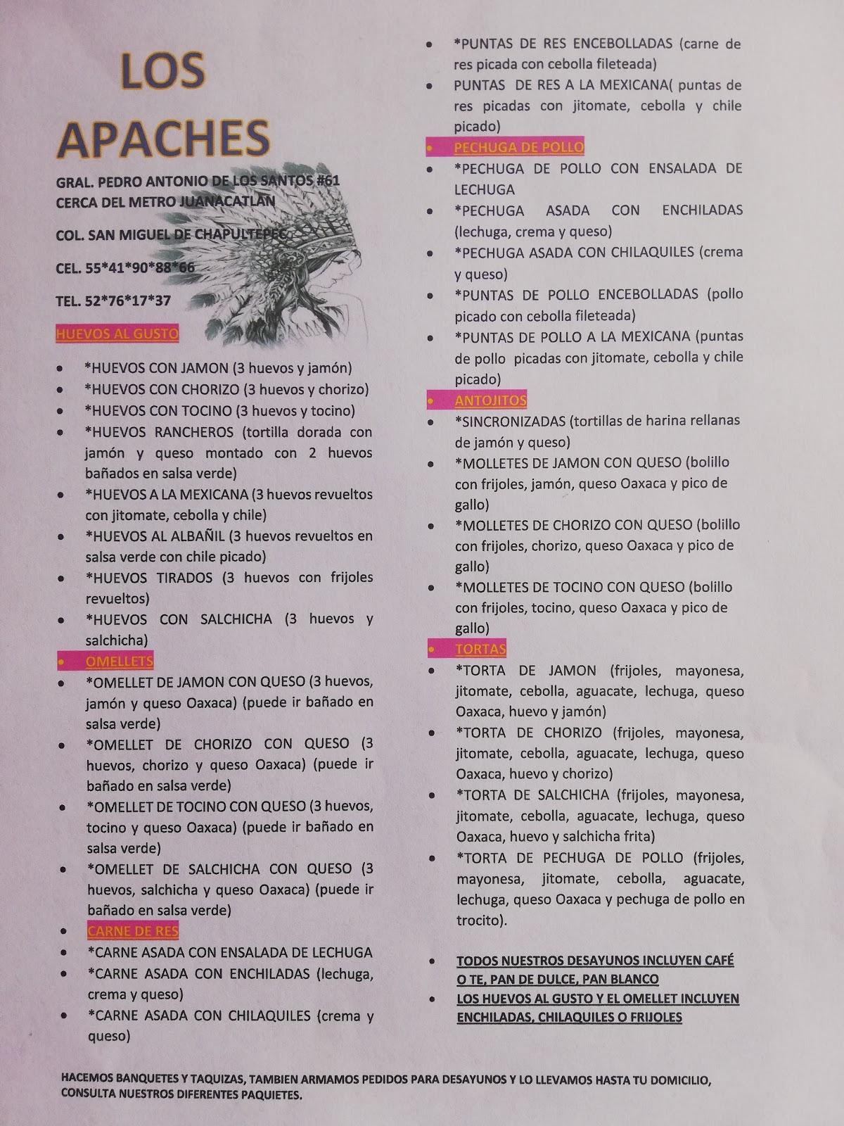 Menu at Los Apaches restaurant, Mexico City, Gral. Pedro Antonio de Los ...