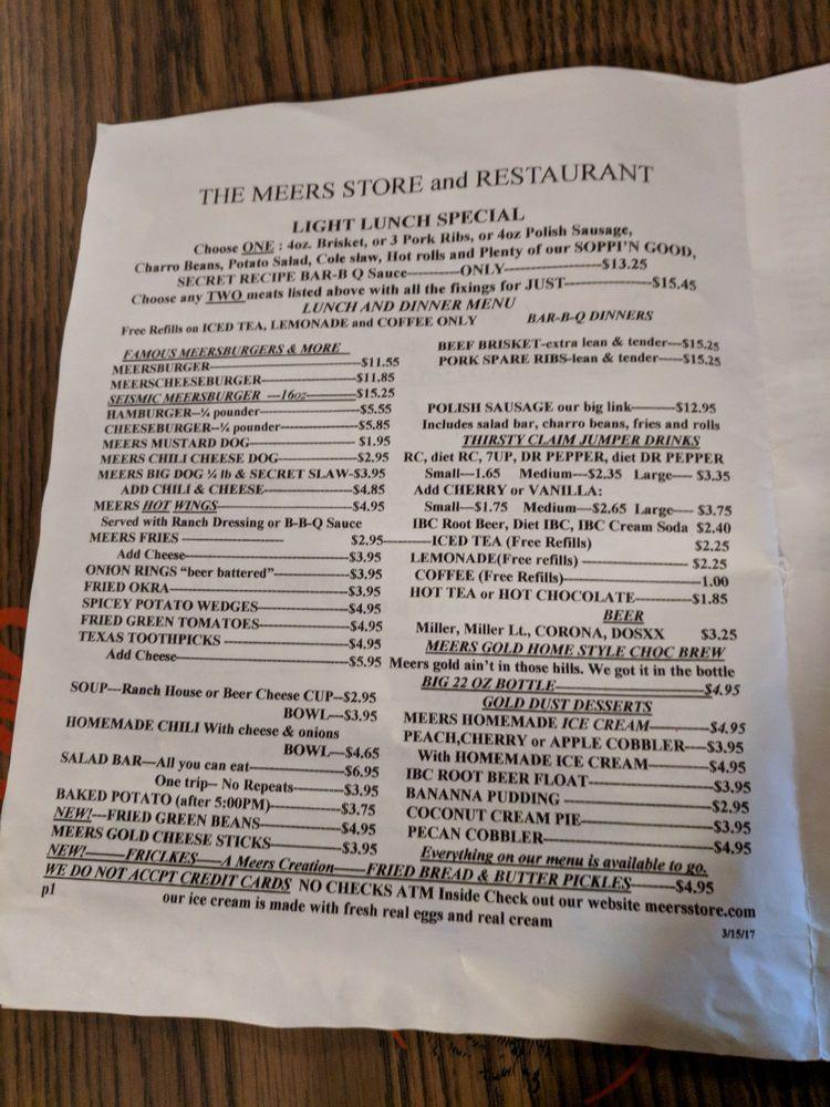 Menu at Meers Store and Restaurant, Meers