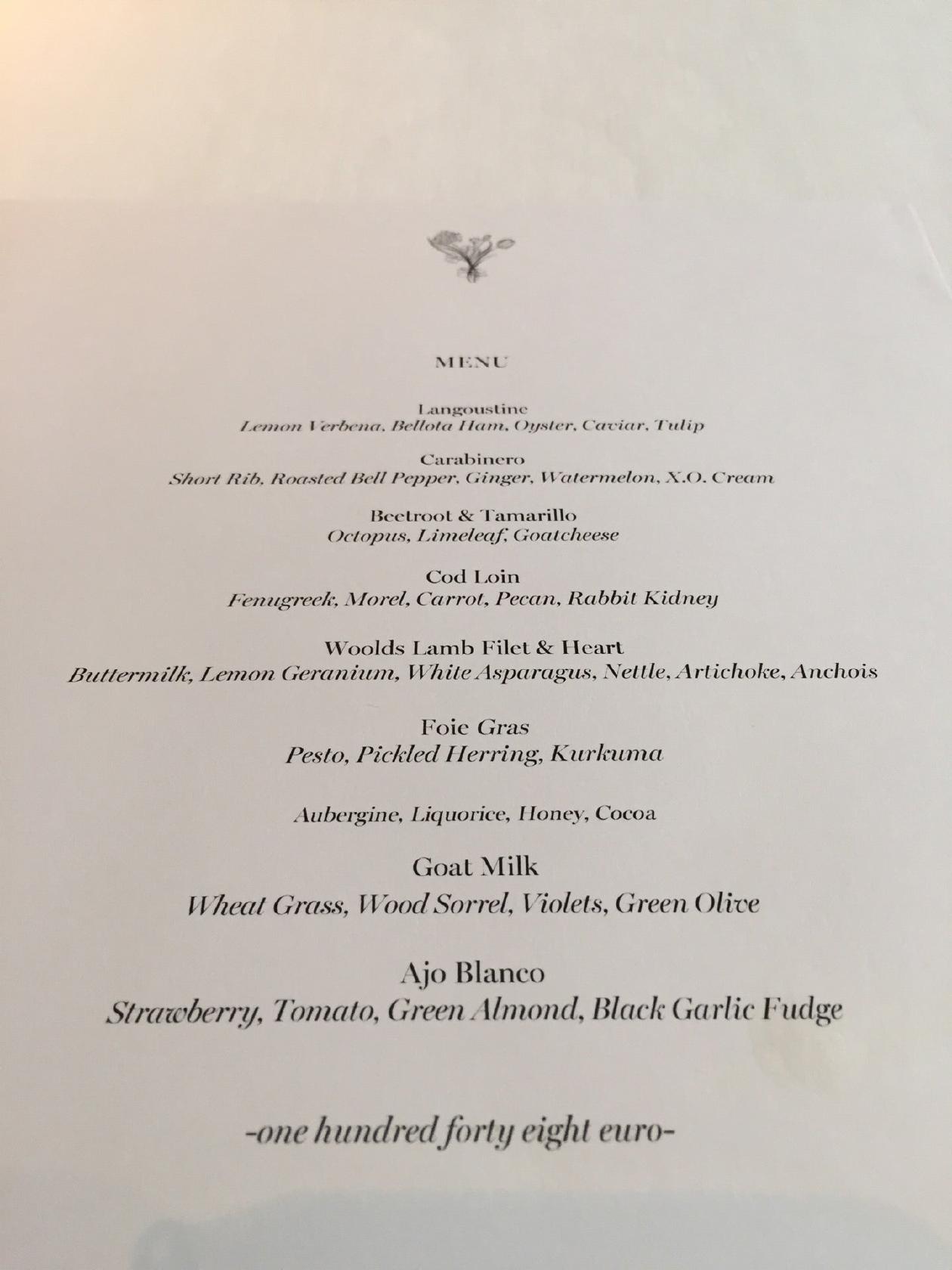 Menu at Spectrum, Amsterdam