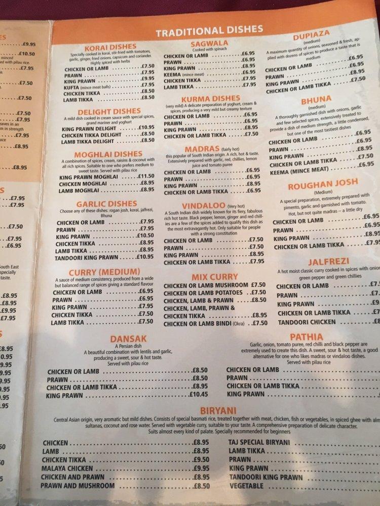 Menu at The Taj Mahal restaurant, Slough