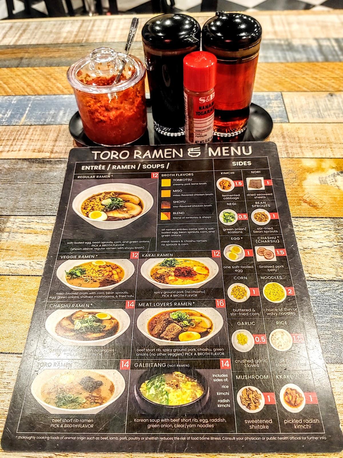 Menu at Toro Ramen restaurant, Midvale