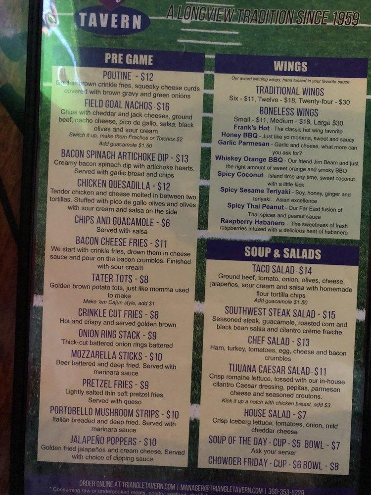 Menu at Triangle Tavern pub & bar, Longview