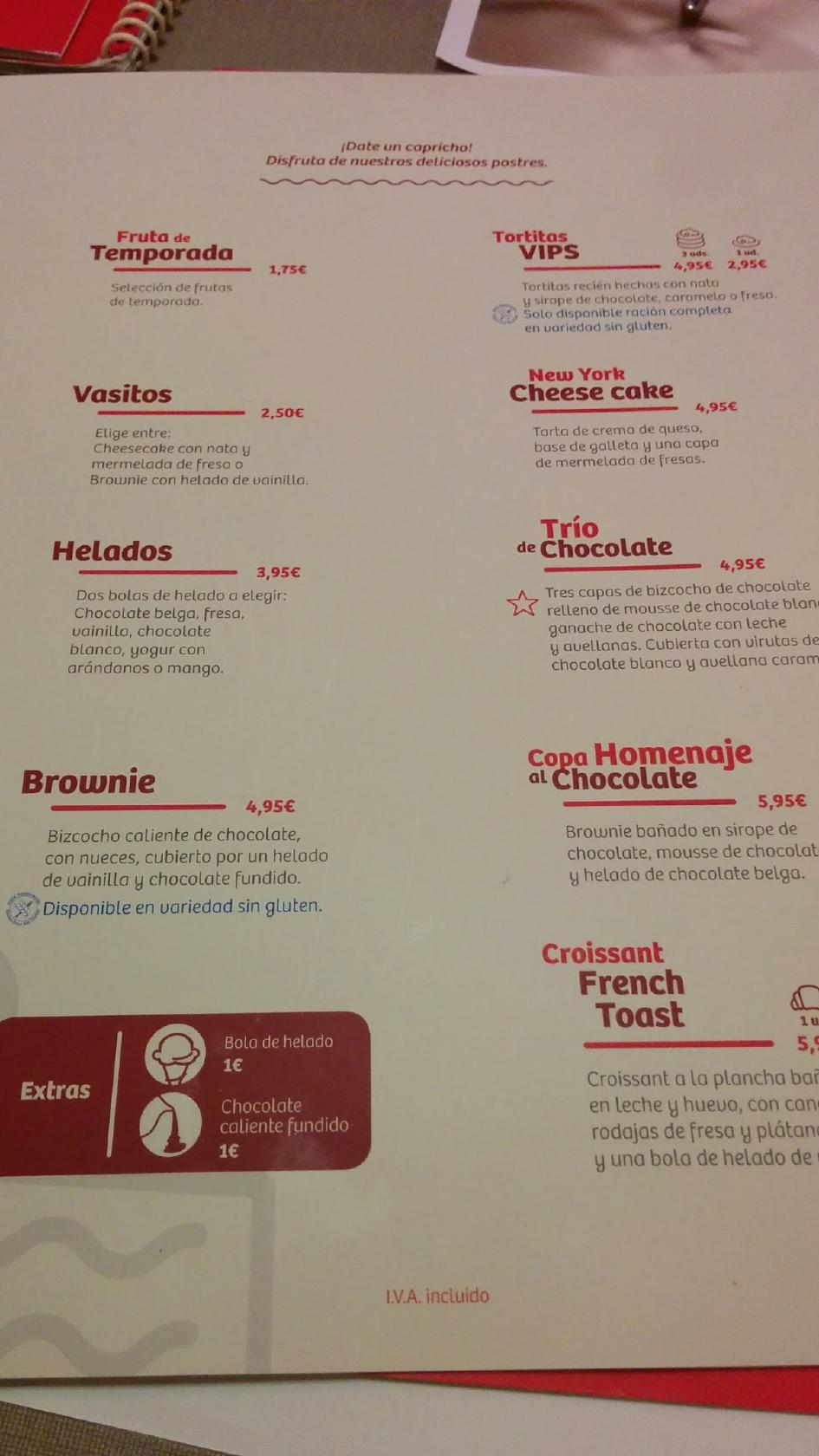 Carta de cafetería VIPS, Guadalajara