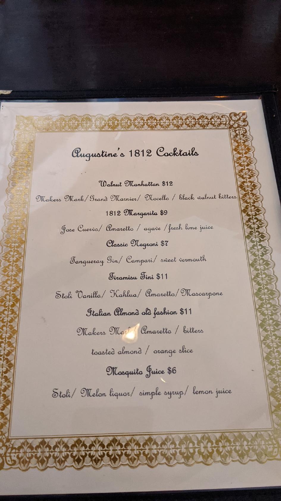 Menu at Augustine's 1812 House restaurant, The Villages