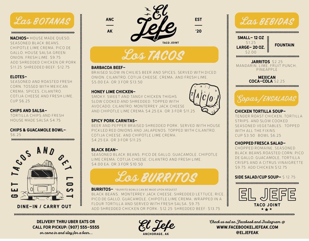 Menu at El Jefe Taco Joint restaurant, Anchorage