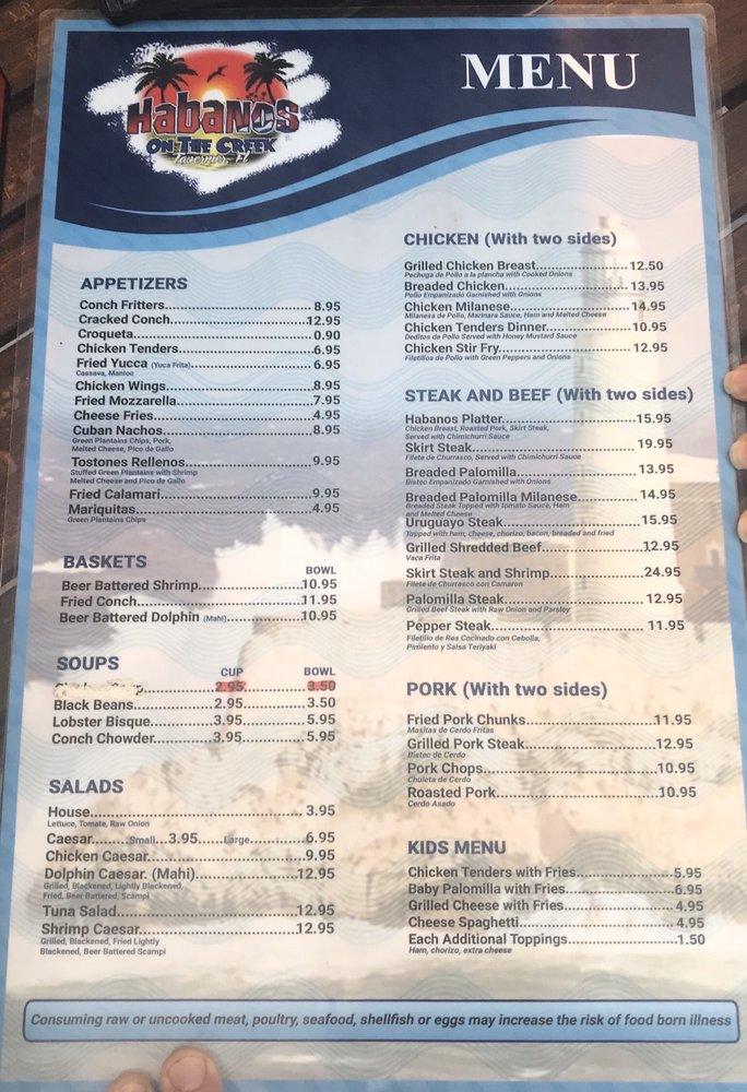 Menu at Habanos On The Creek restaurant, Tavernier