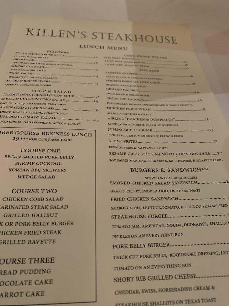Menu at Killen's Steakhouse, Shenandoah