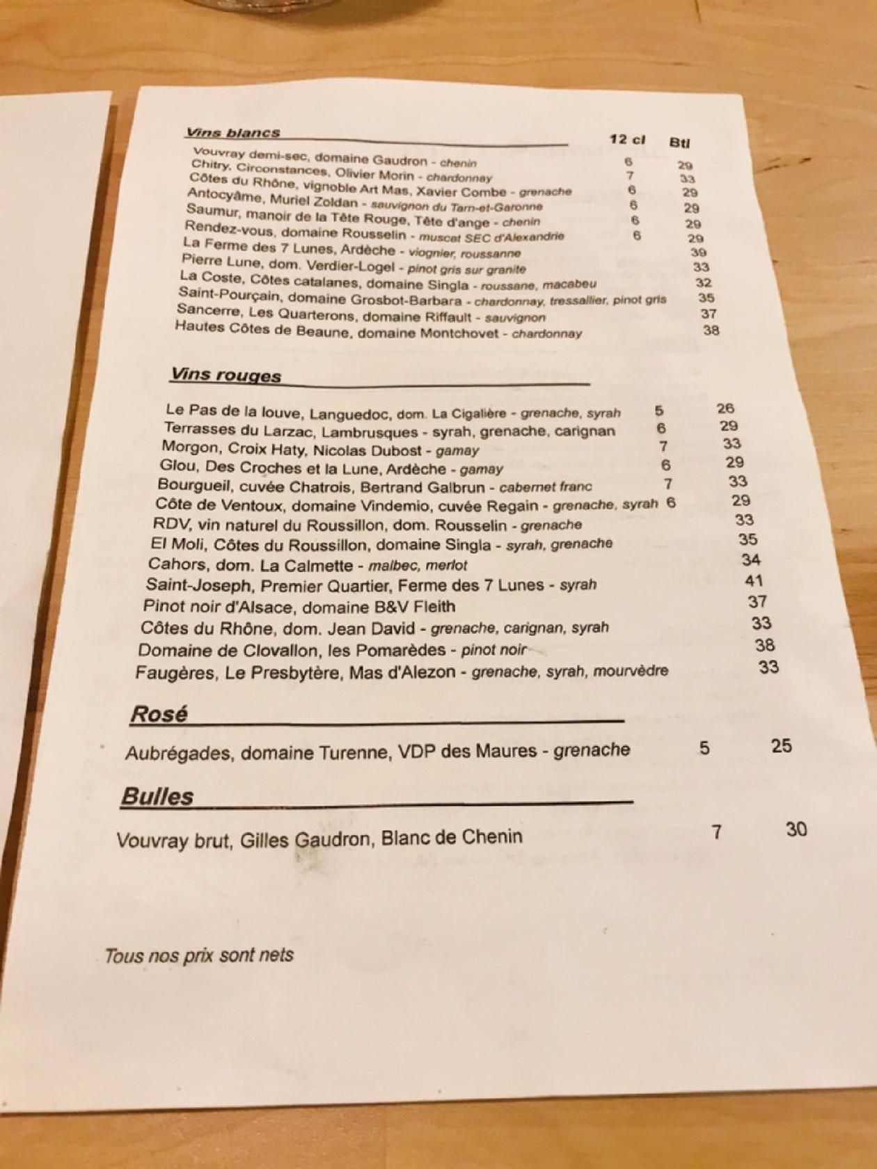 Menu at Le Ciel pub & bar, Paris