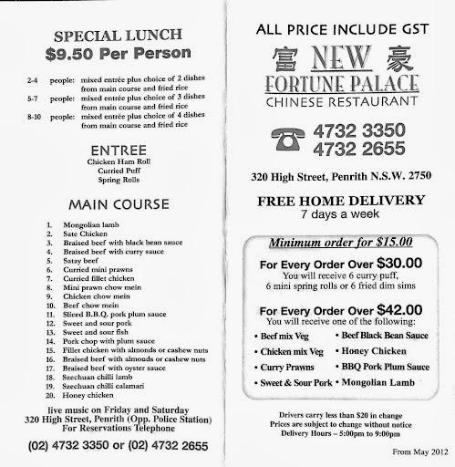 Menu at New Fortune Palace restaurant, Penrith
