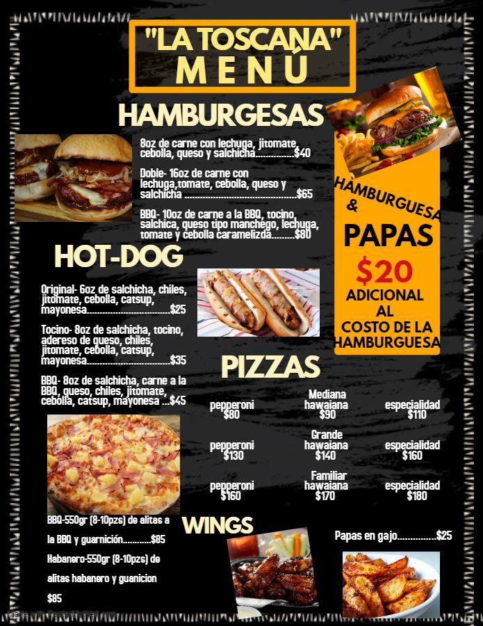 Menu at Pizzeria La Toscana, San Juan de las Huertas