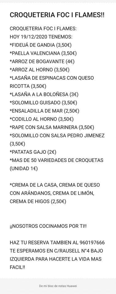 Carta de Restaurant Foc i Flames, Gandia